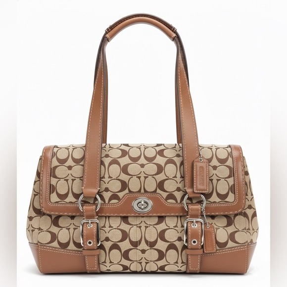 Coach | Bags | Coach Hampton Signature Logo Monogram Khaki Satchel ...